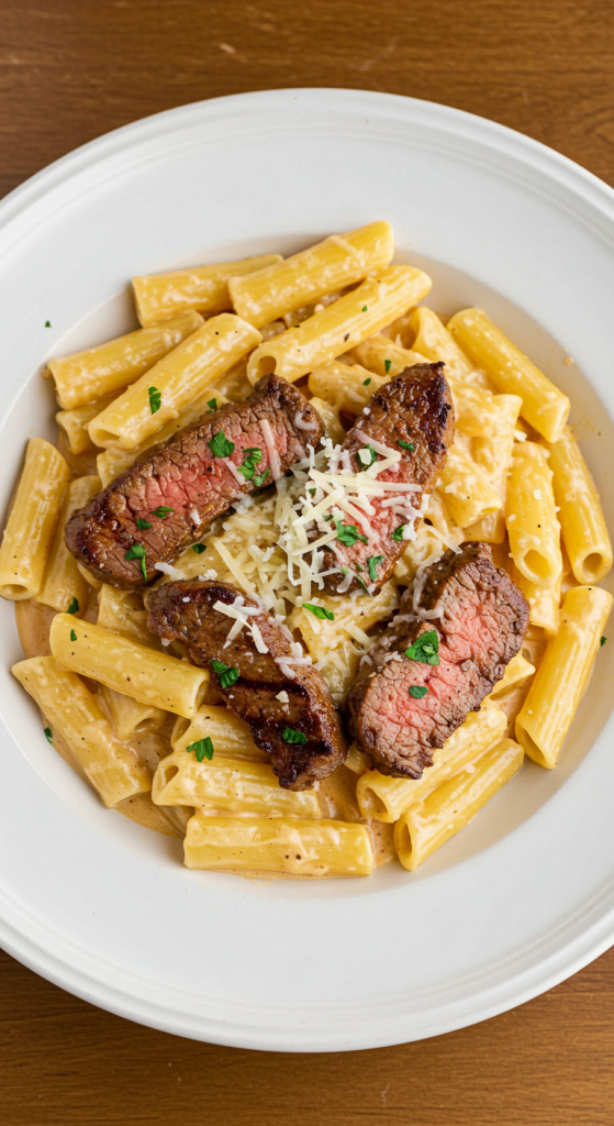Cajun Steak Tips in Cheesy Rigatoni Parmesan Sauce