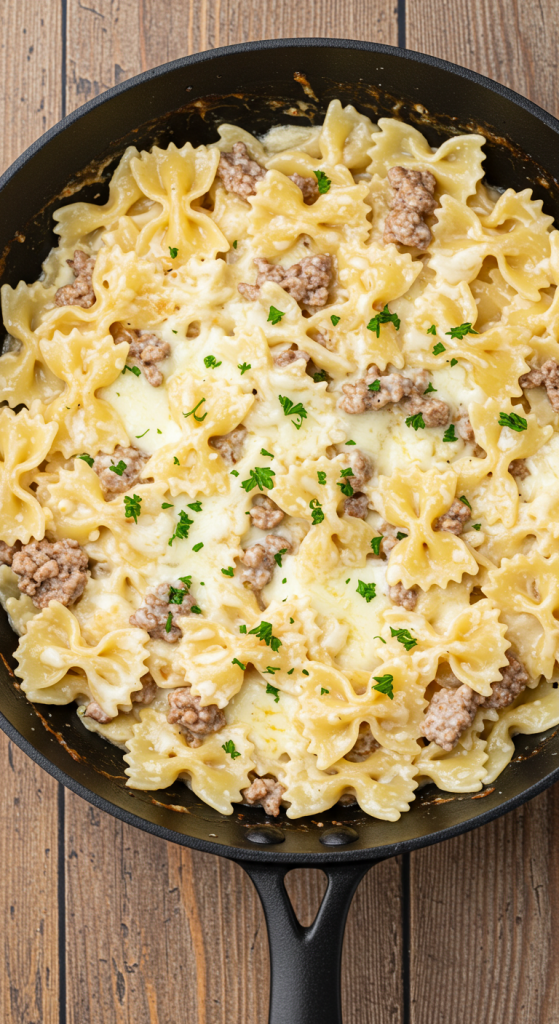 Cheesy Garlic Parmesan Beef Bowtie Pasta Skillet