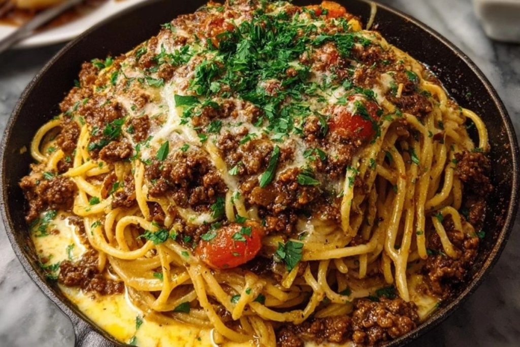 Creamy Cajun Beef Spaghetti with Three-Cheese Parmesan Sauce