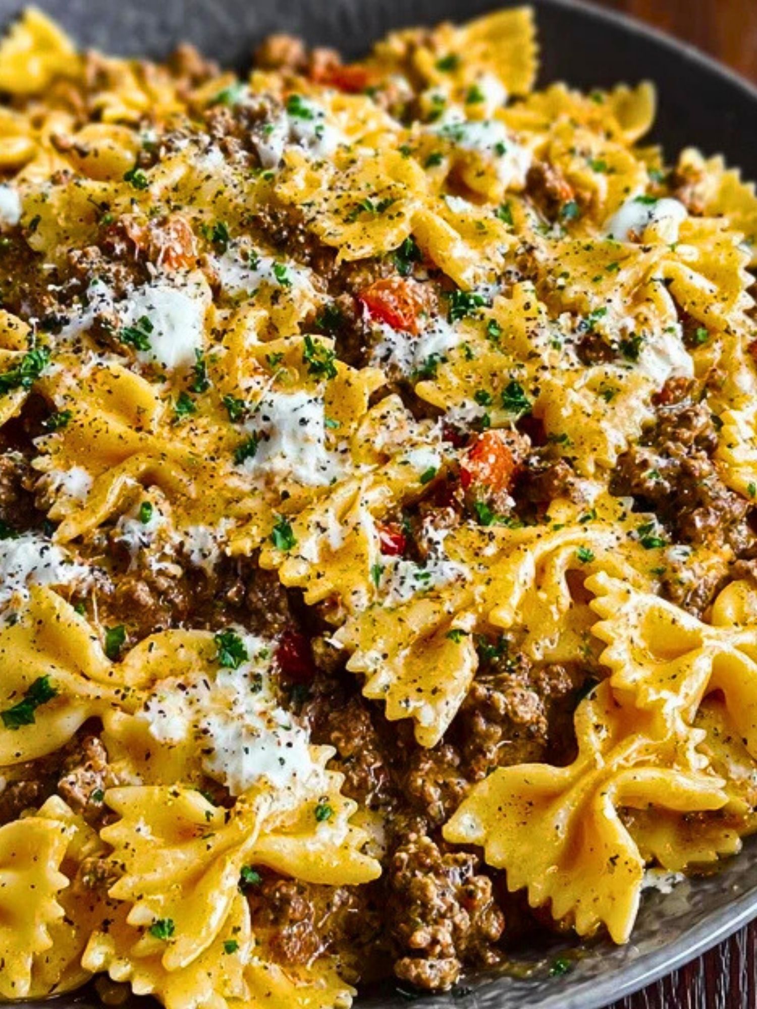 Creamy Ground Beef Bowtie Pasta with Mozzarella and Parmesan