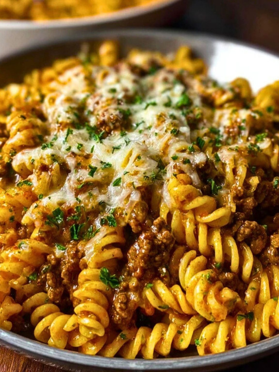 Cheesy Rotini Pasta with Garlic Butter Sauce and Ground Beef