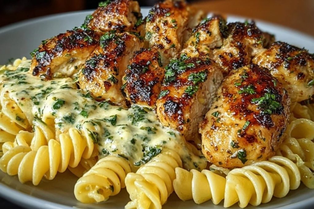 Cheesy Twisted Pasta with Creamy Garlic Parmesan Chicken